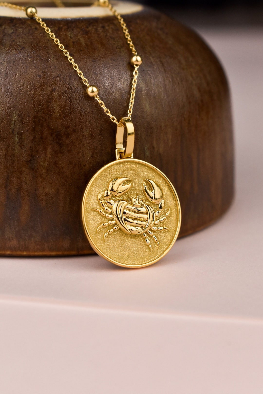 14K Solid Gold Cancer Zodiac Sign Necklace, Dainty Gold Necklace for ...