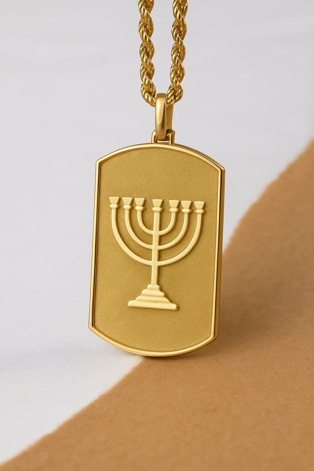14K Gold Menorah Dog Tag Necklace, Judaic Symbol Amulet, Jewish ...