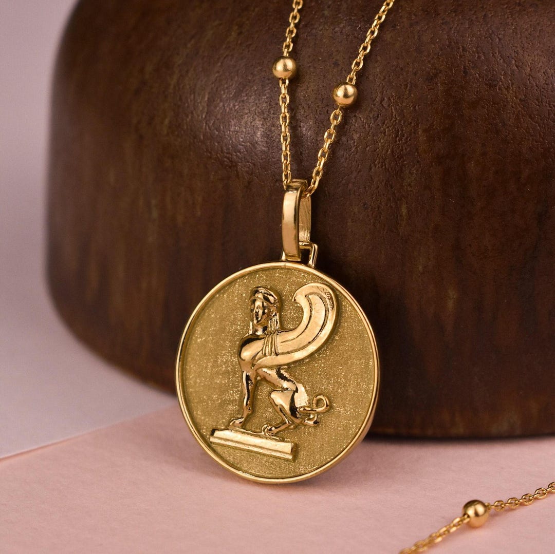 14K Gold Greek Goddess Sphinx Necklace for Women, Greek Mythology ...