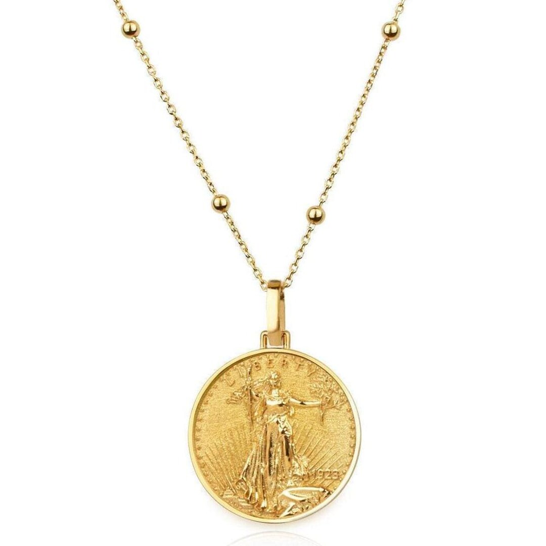 14K Real Solid Gold American Eagle Coin Necklace, Walking Liberty Coin ...
