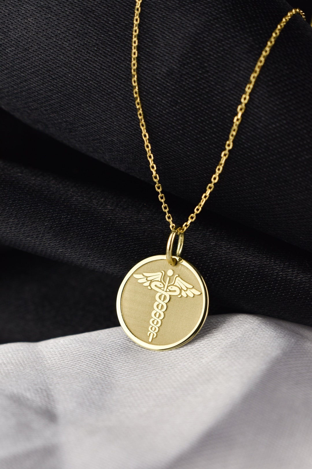 14K Solid Gold Caduceus Symbol Necklace, Personalized Medic Necklace ...