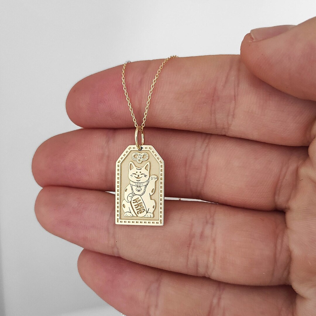 14K Gold Maneki Neko Cat Necklace, Gold Japenese Lucky Cat Pendant ...