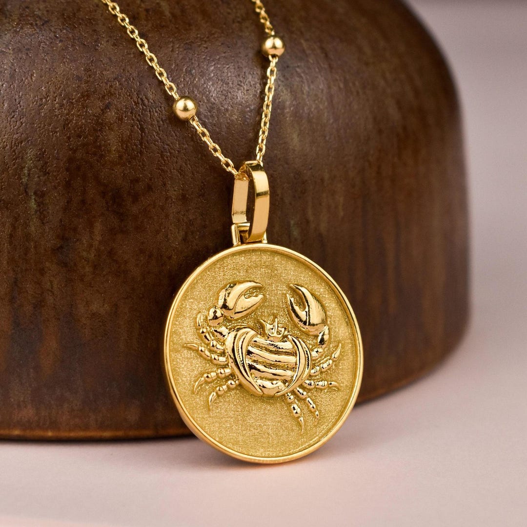 14K Solid Gold Cancer Zodiac Sign Necklace, Dainty Gold Necklace for ...