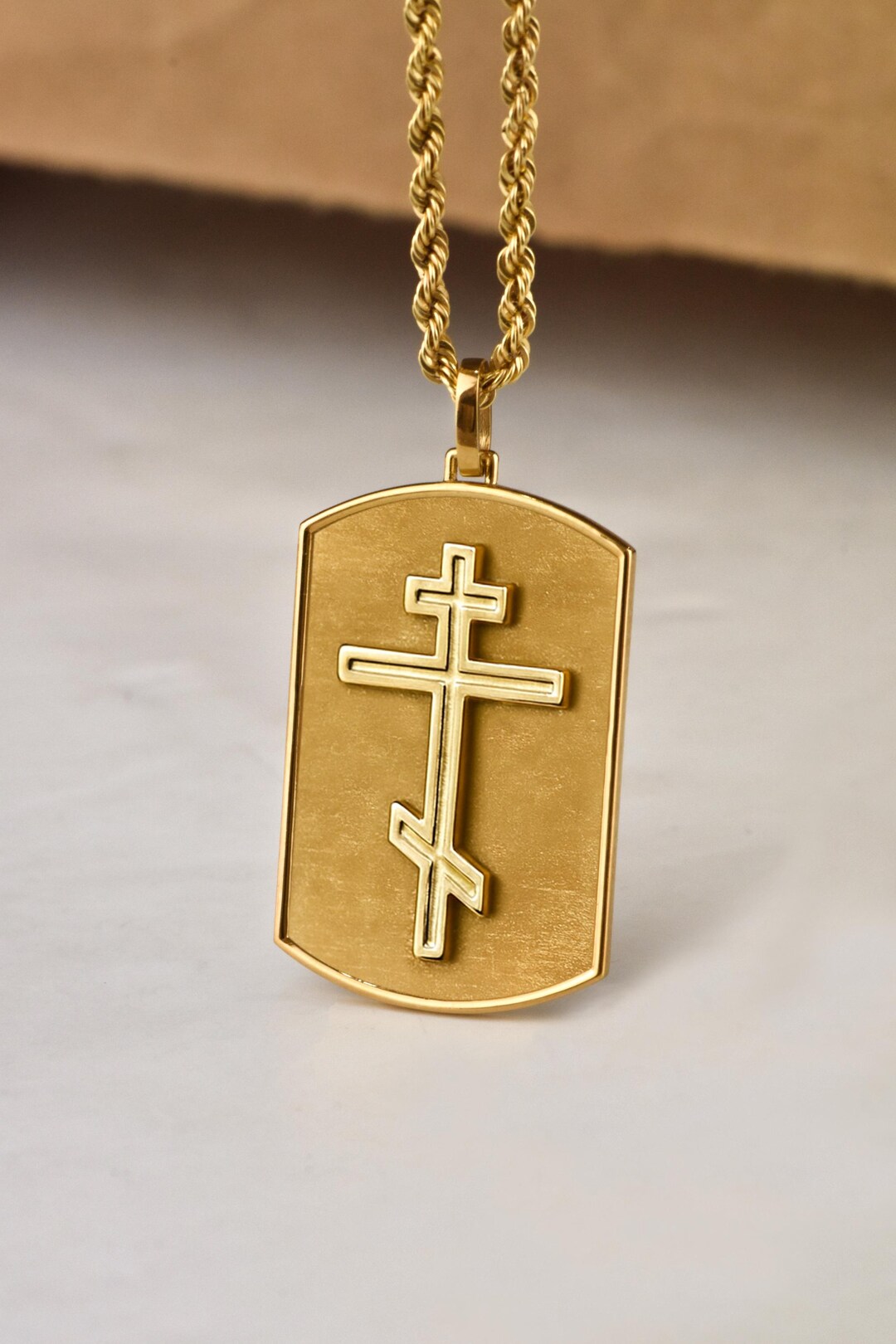 14K Gold Orthodox Cross Dog Tag Necklace, Engraved Christian Jewelry ...