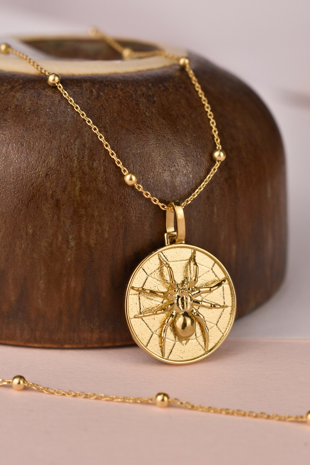 14K Gold Spider Necklace, Tarantula Gold Disc Charm, Man Spider ...