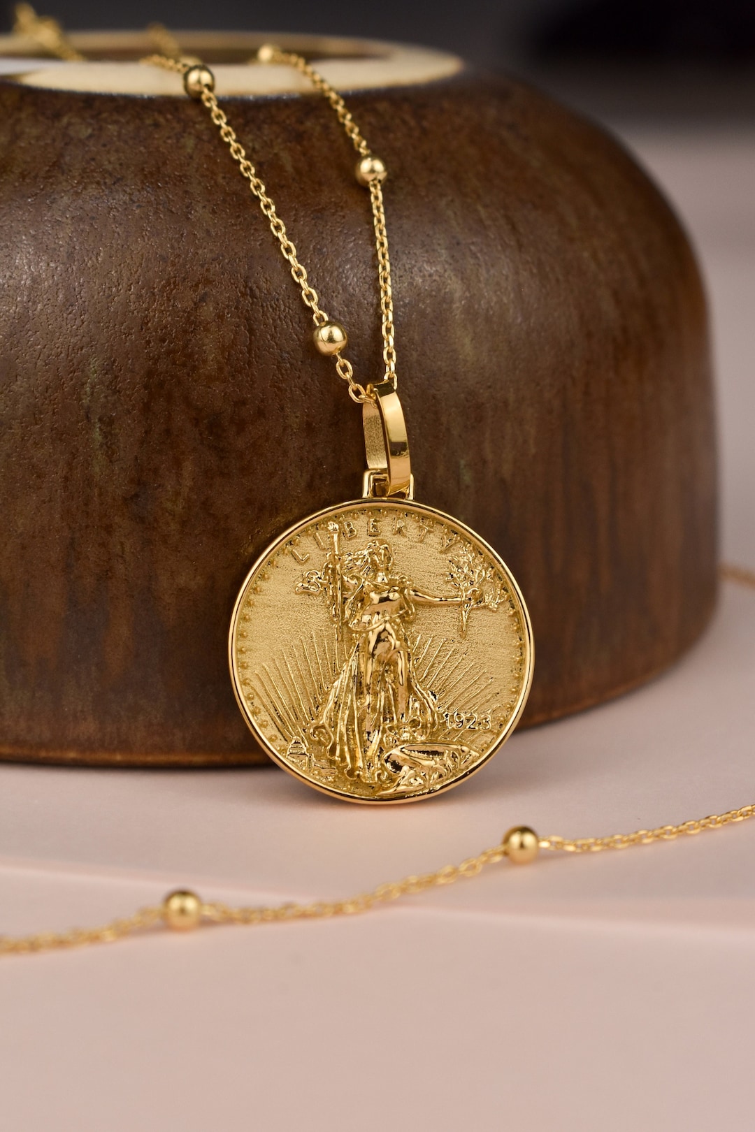 14K Real Solid Gold American Eagle Coin Necklace, Walking Liberty Coin ...