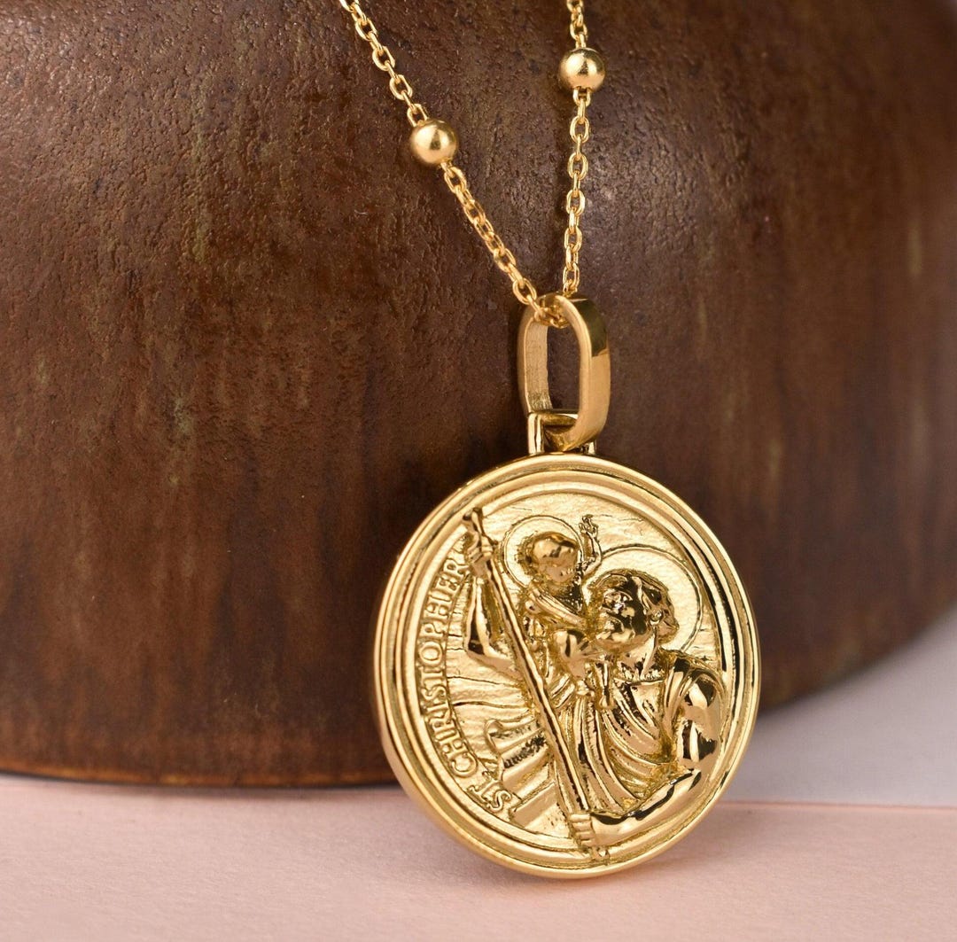 14K Gold Saint Christopher Necklace, St Christopher Protection Medal ...