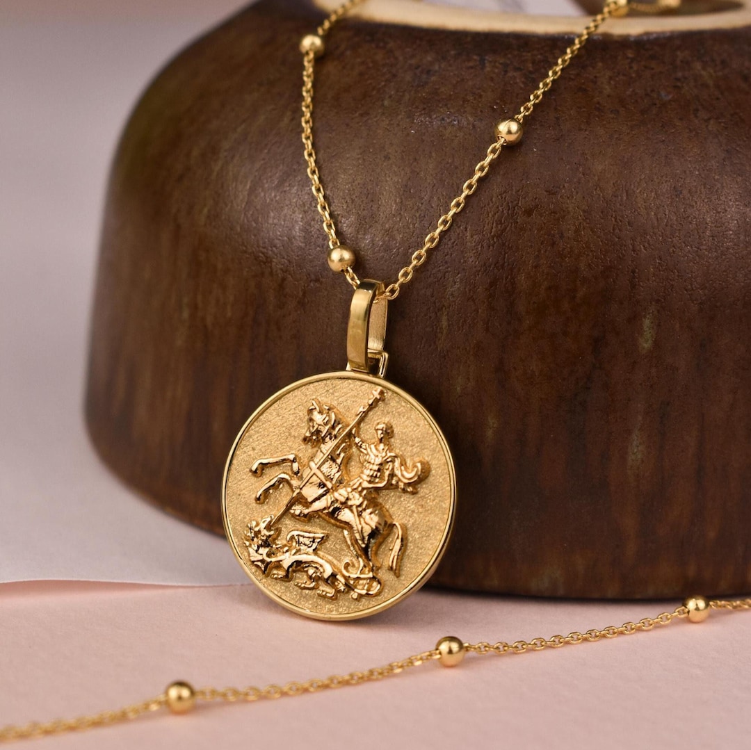 14K Solid Gold Saint George Necklace, Personalized St George Pendant ...