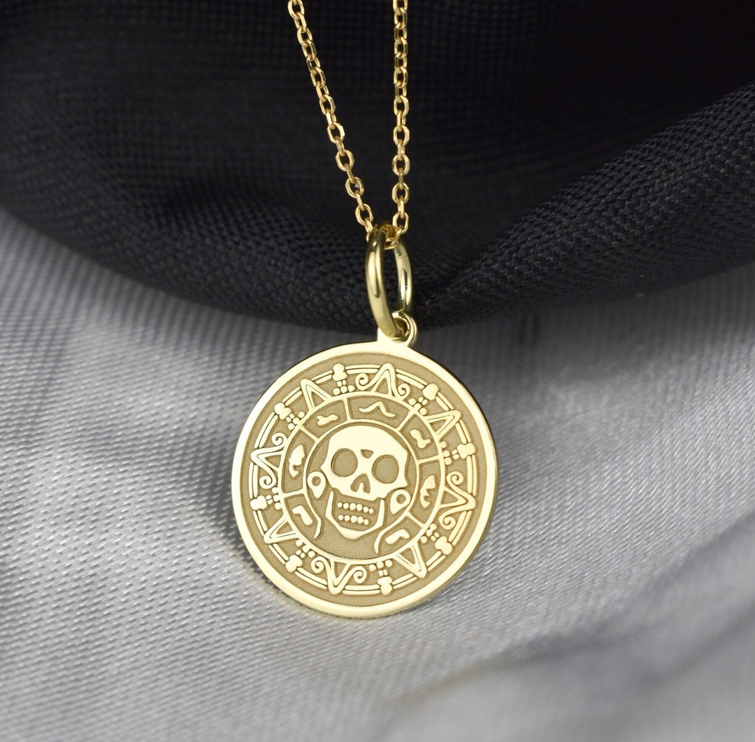 14K Solid Gold Pirate Coin Necklace, Caribbean Pirate Pendant, Skeleton ...