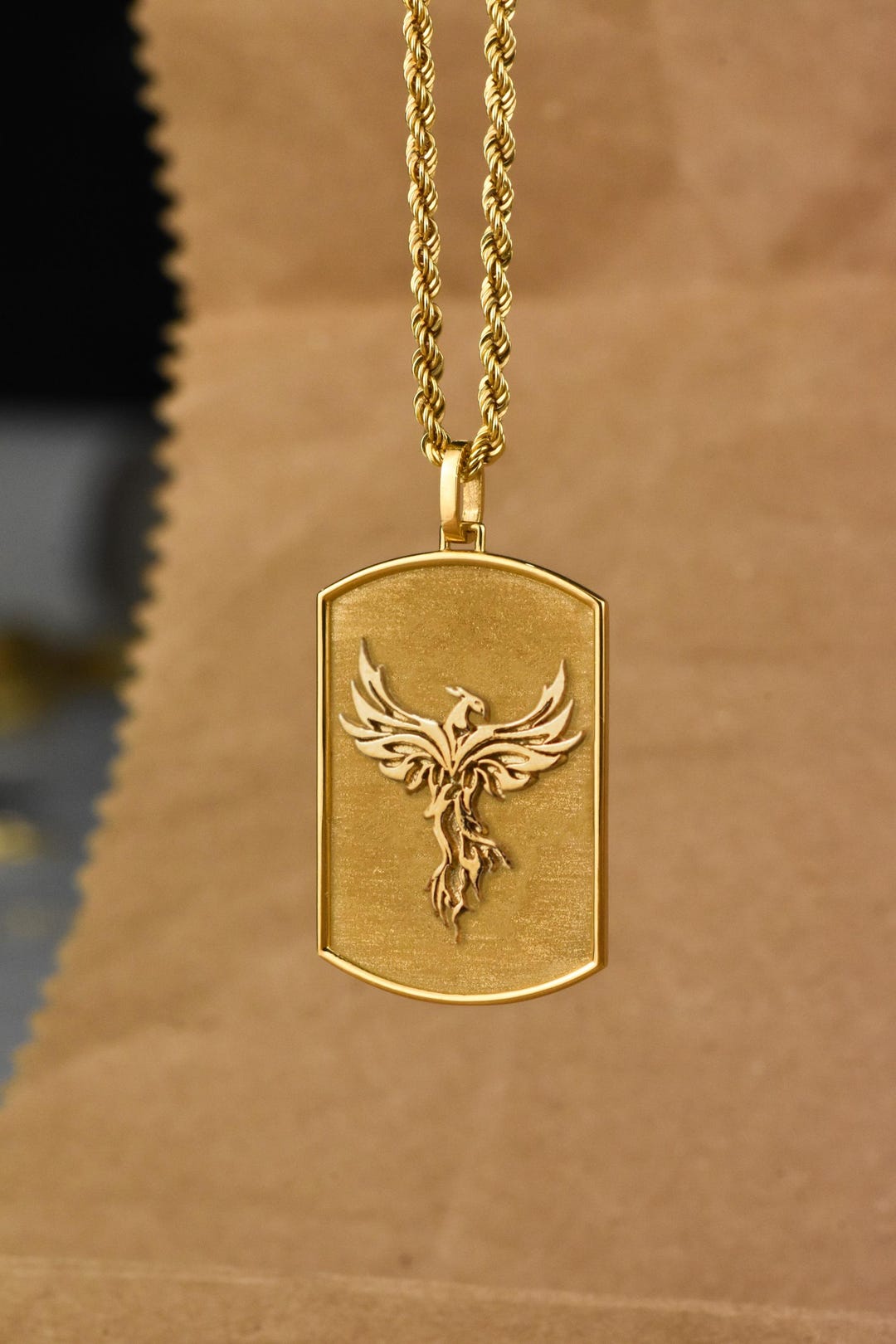 14K Gold Phoenix Dog Tag Necklace, Phoenix Pendant Jewelry, Rope Chain ...