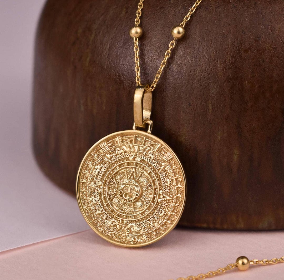 14K Solid Gold Aztec Calendar Necklace, Mayan Calendar Pendant, Aztec ...
