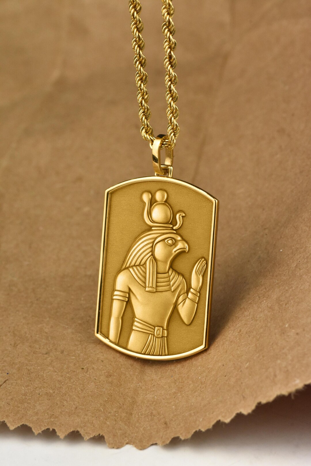14K Gold Horus Dog Tag Necklace, Egyptian Pendant, Heru Amulet, Custom ...