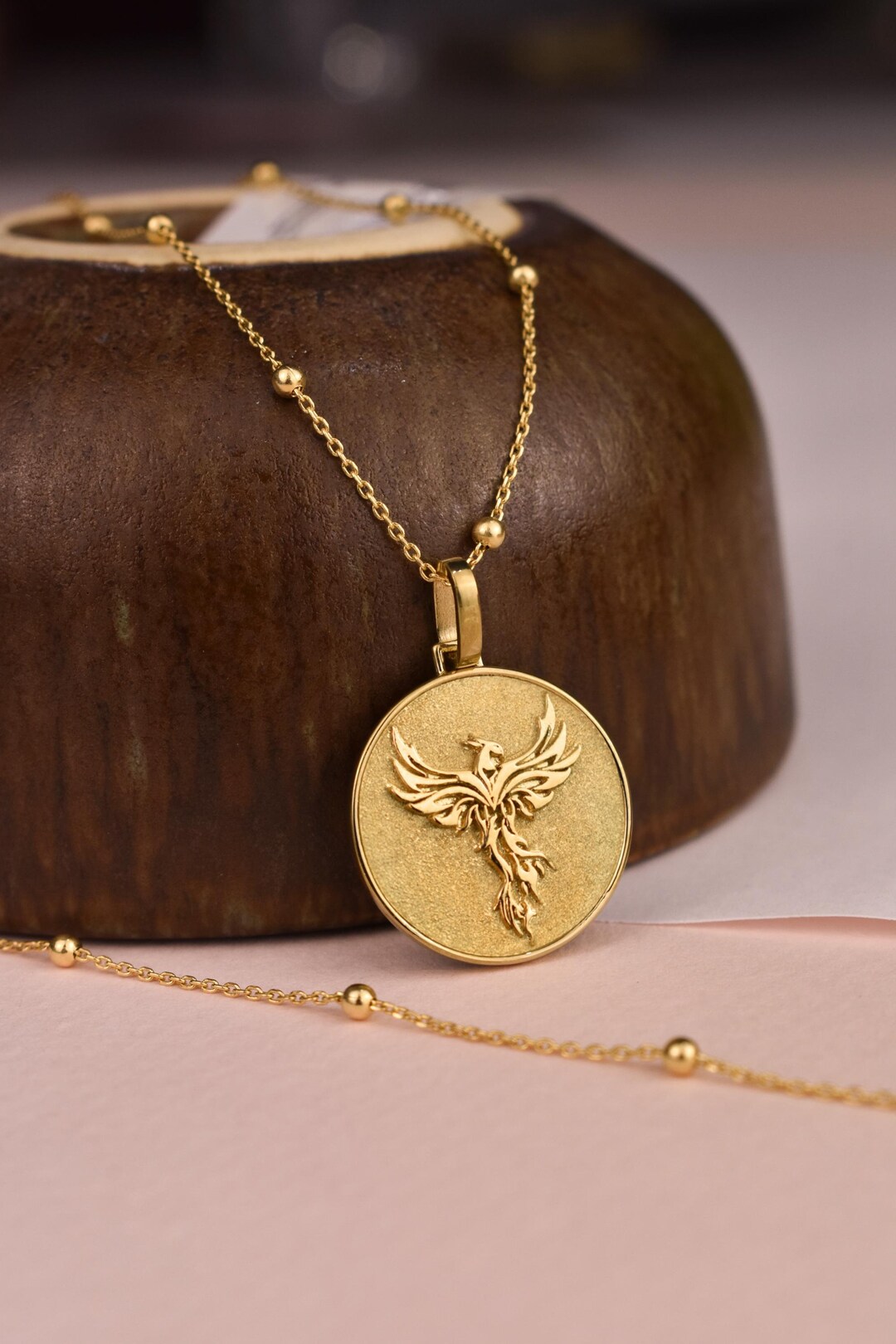 14K Solid Gold Phoenix Necklace, Personalized Phoenix Medallion, Rising ...