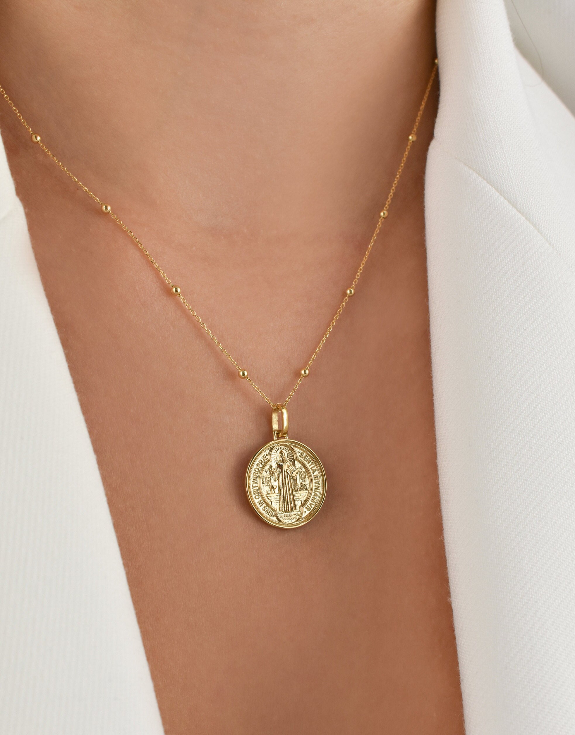 14K Gold Saint Benedict Medal Necklace, Gold Catholic Jewelry, Dainty ...