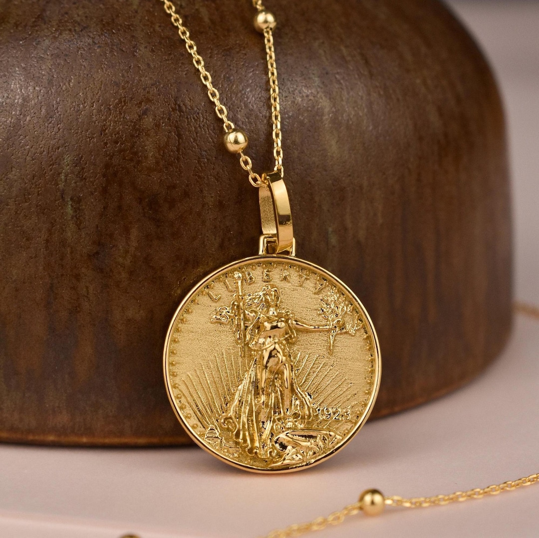 14K Real Solid Gold American Eagle Coin Necklace, Walking Liberty Coin ...