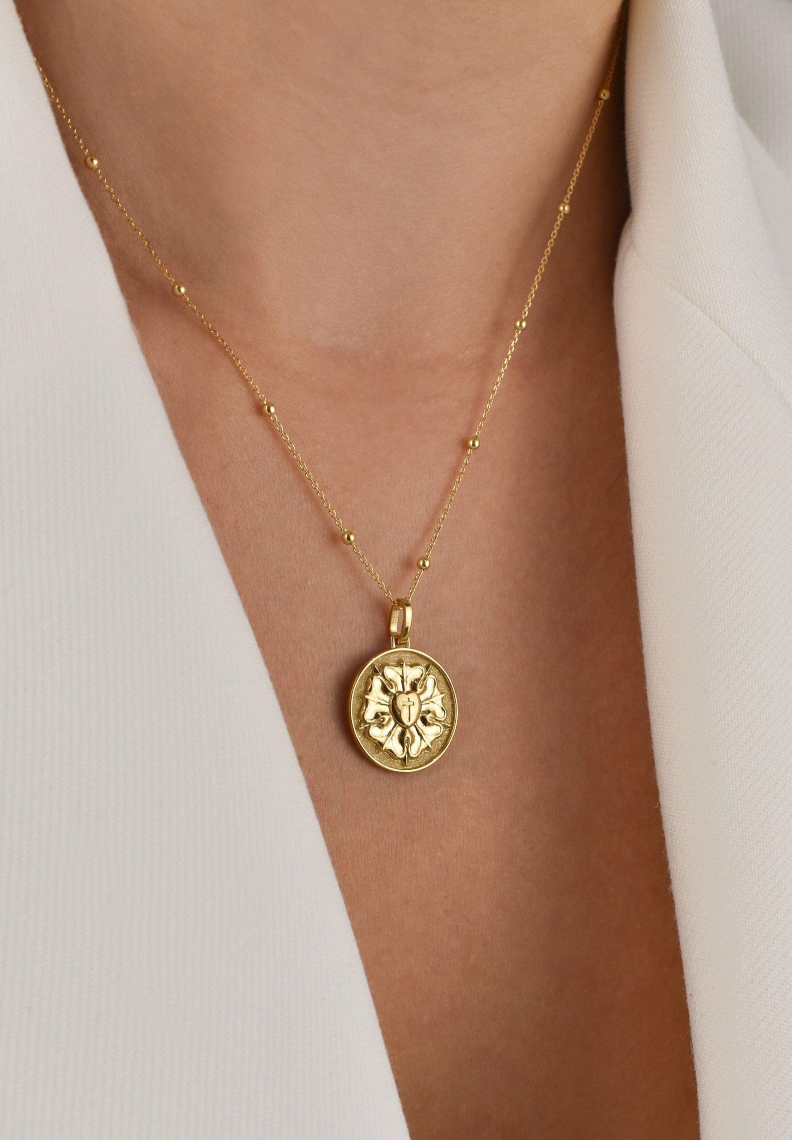 14K Gold Luther Rose Necklace, Lutheran Cross Pendant Medal, Martin ...