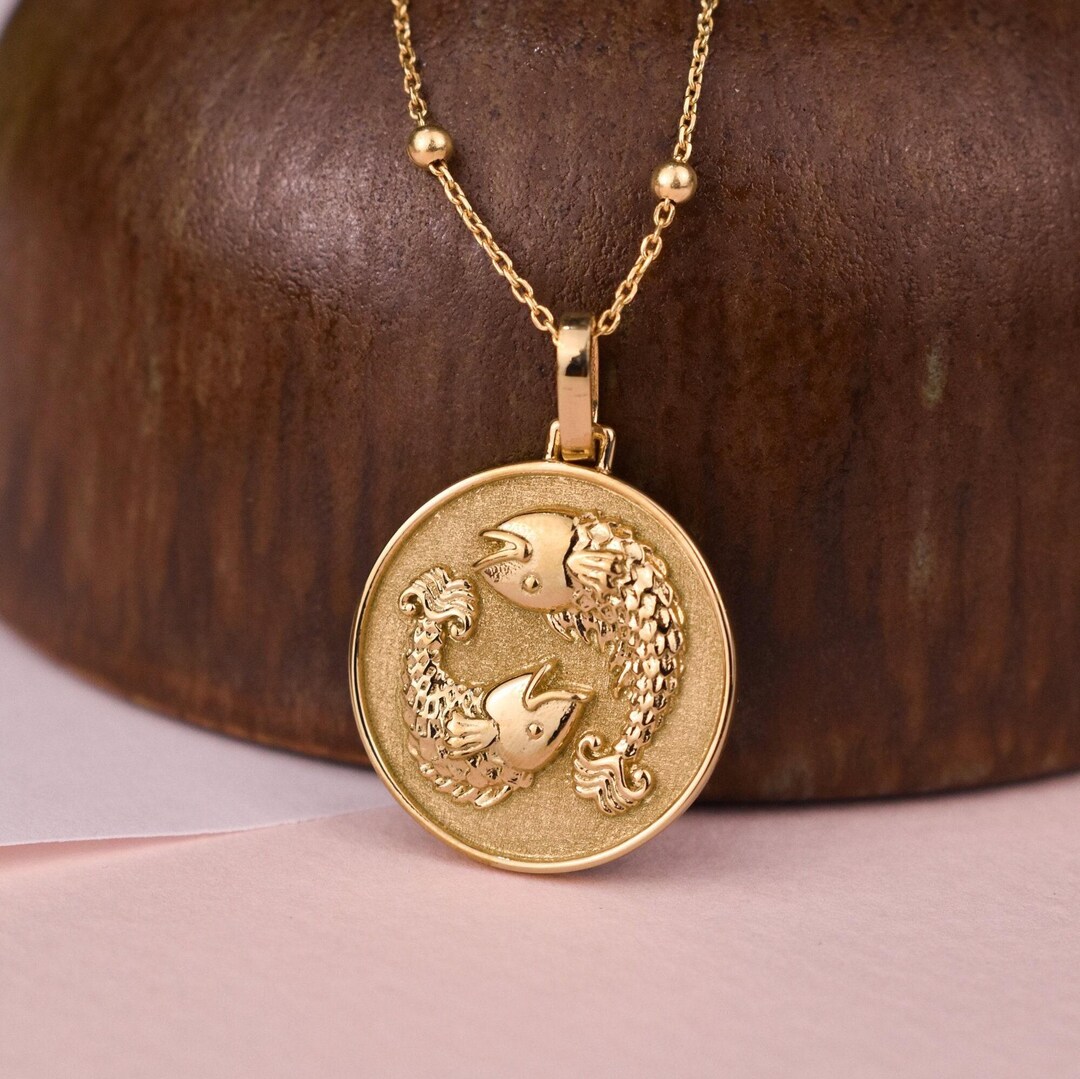 14K Gold Pisces Zodiac Sign Necklace for Women, Dainty Pisces Gold Coin ...