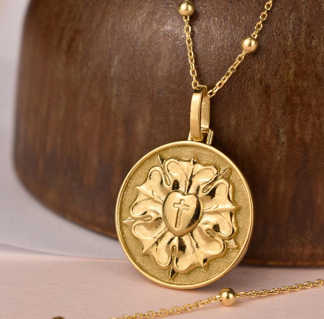 14K Gold Luther Rose Necklace, Lutheran Cross Pendant Medal, Martin Luther Seal of Reformation ...
