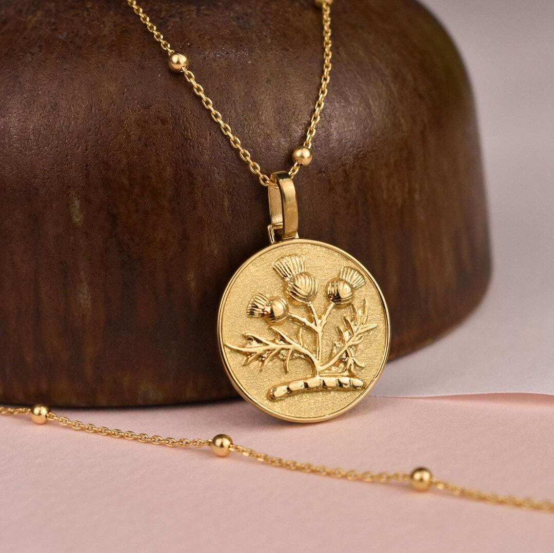 14K Solid Gold Thistle Necklace, Scottish Thistle Medallion ...