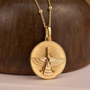 14K Gold Faravahar Necklace, Ancient Persian Pendant, Zoroastrianism ...
