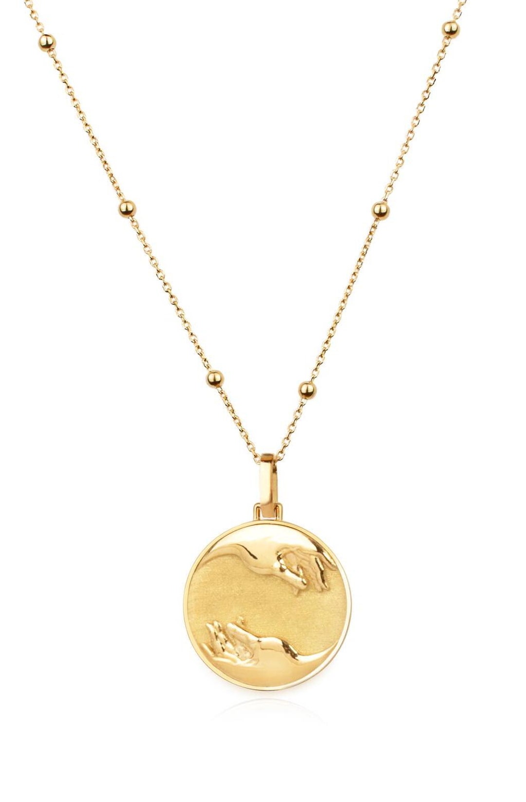 14K Solid Gold the Creation of Adam Necklace, Hand of God Medallion ...