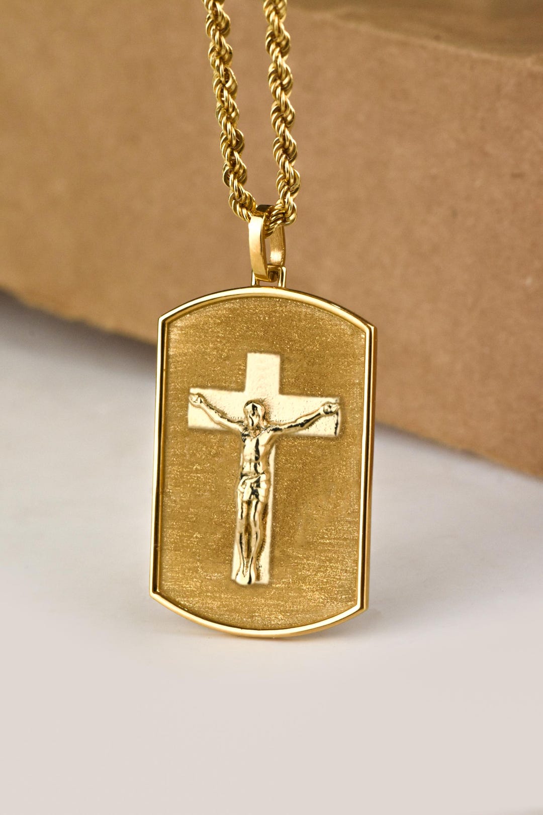 14K Gold Crucifix Dog Tag Necklace, Christian Crucifix Pendant Jewelry ...