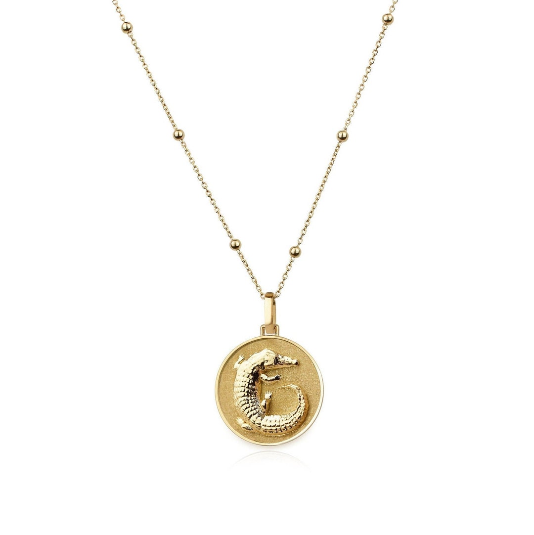 14K Gold Alligator Necklace, Personalized Crocodile Disc Necklace, Gold ...
