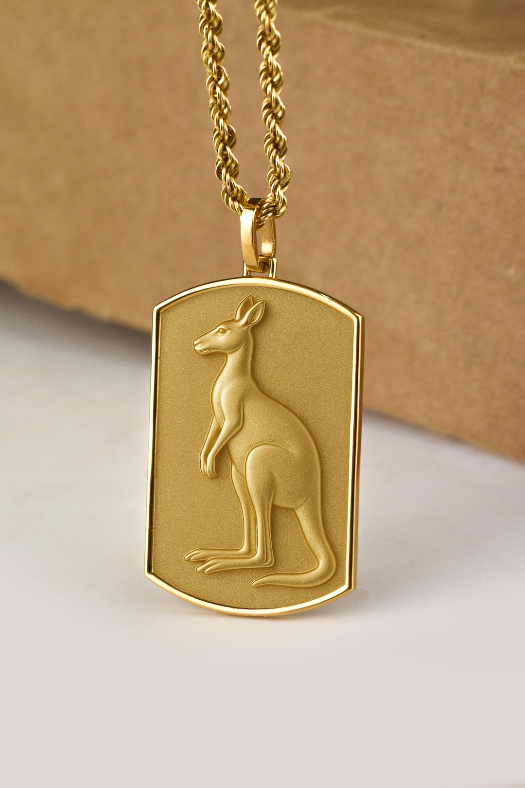 14K Gold Kangaroo Dog Tag Necklace, Personalized Wallaby Talisman ...