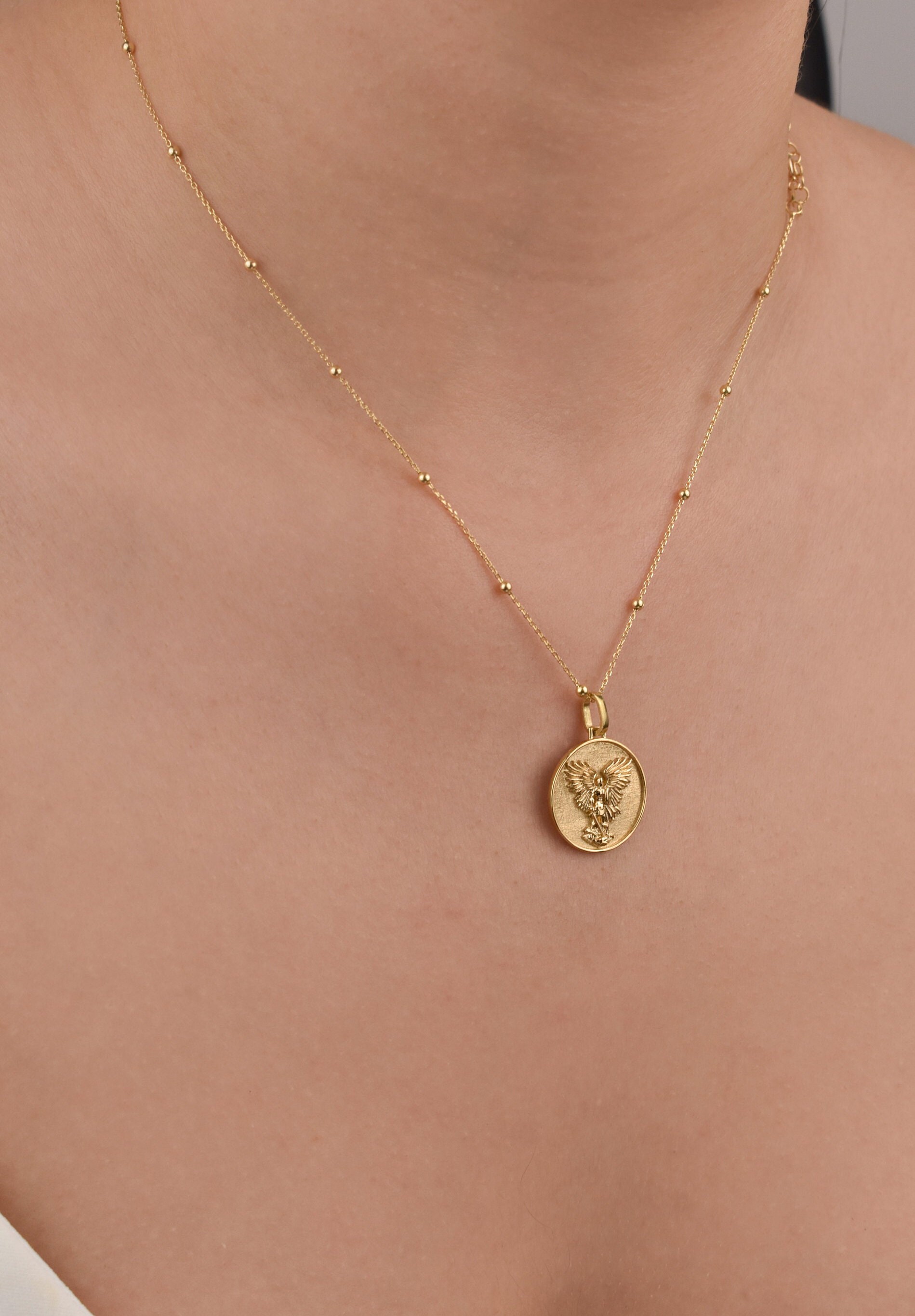 14K Solid Gold Saint Michael Archangel Necklace, Protection Necklace ...