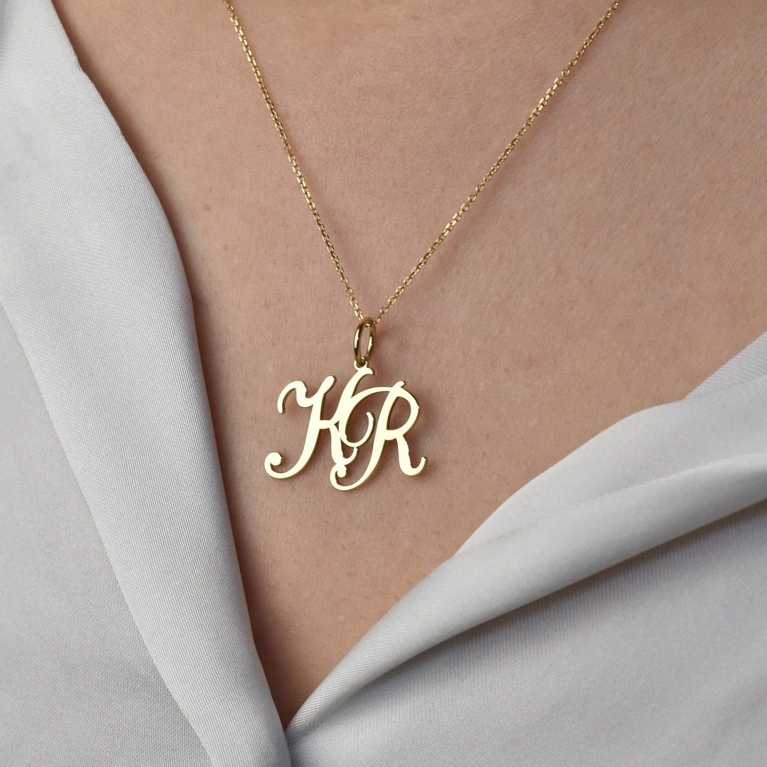 14K Gold Cursive Initial Necklace, Personalized Two Letter Pendant ...