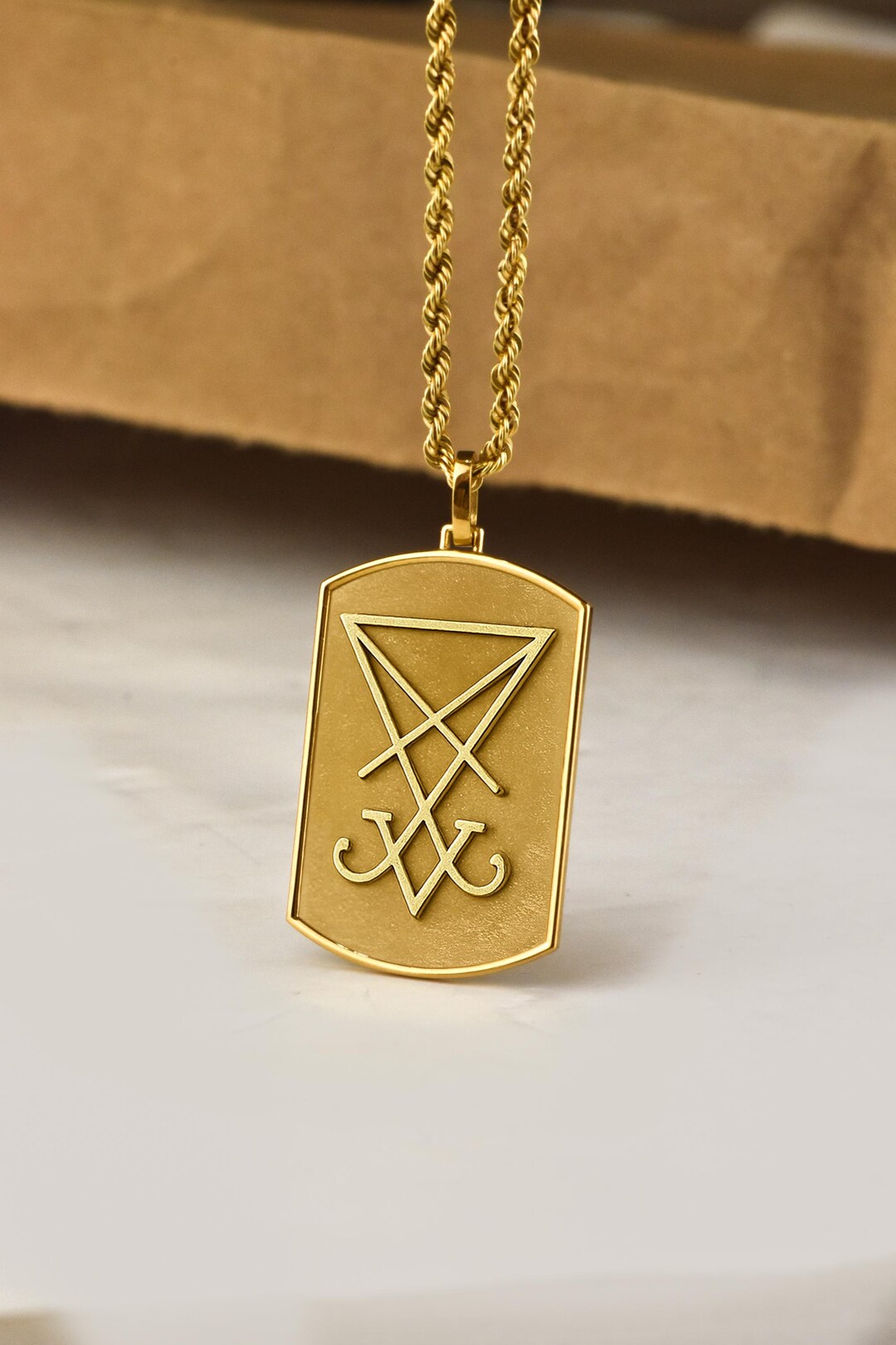 14K Gold Sigil of Lucifer Dog Tag Necklace, Engraved Goth Jewelry ...