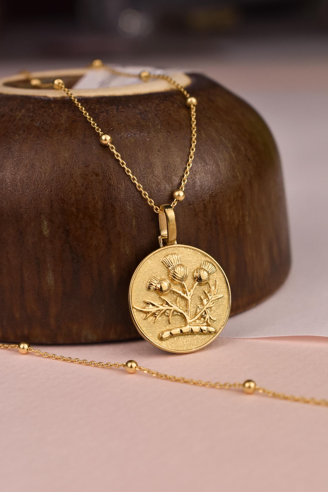 14K Solid Gold Thistle Necklace, Scottish Thistle Medallion ...