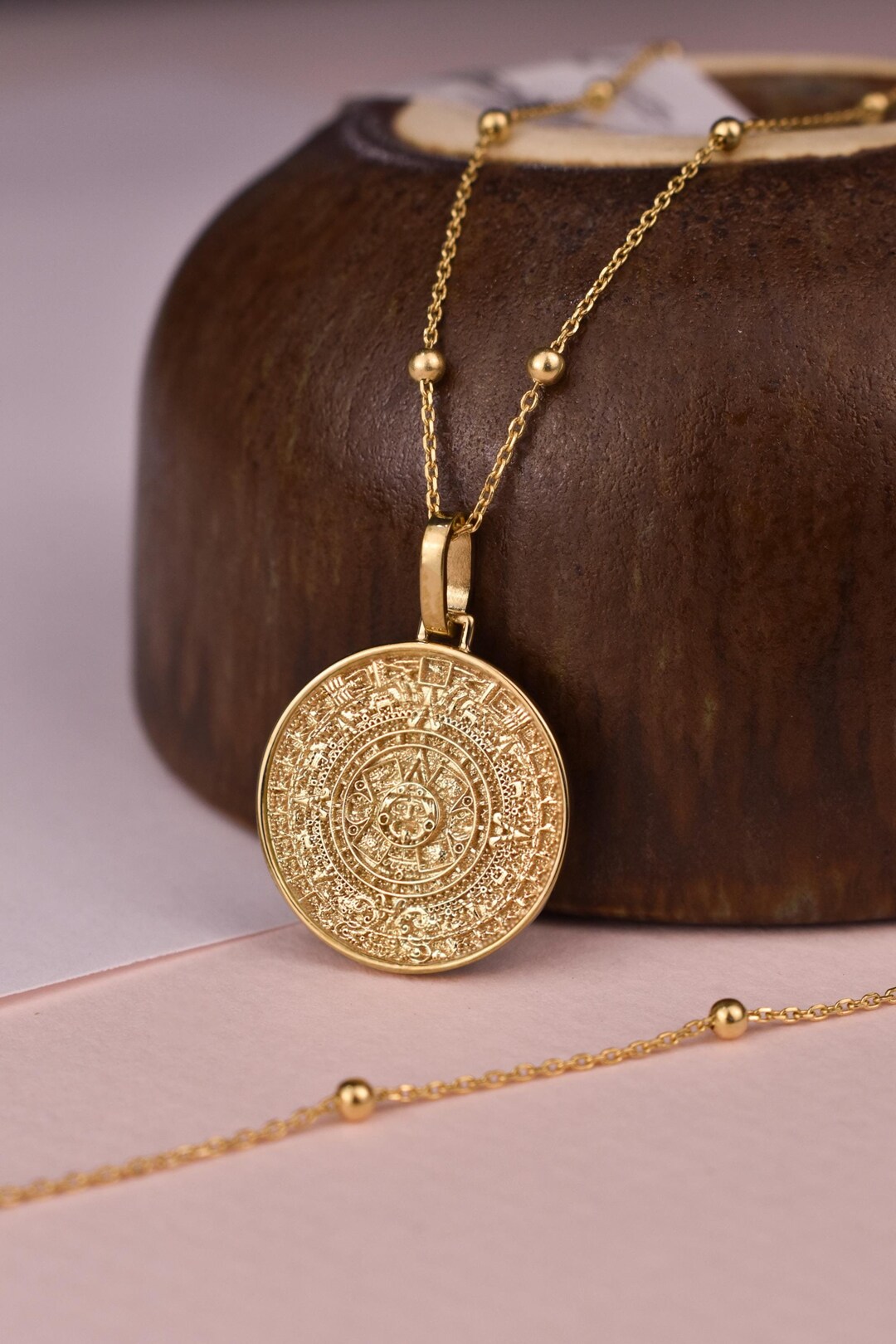 14K Solid Gold Aztec Calendar Necklace, Mayan Calendar Pendant, Aztec ...