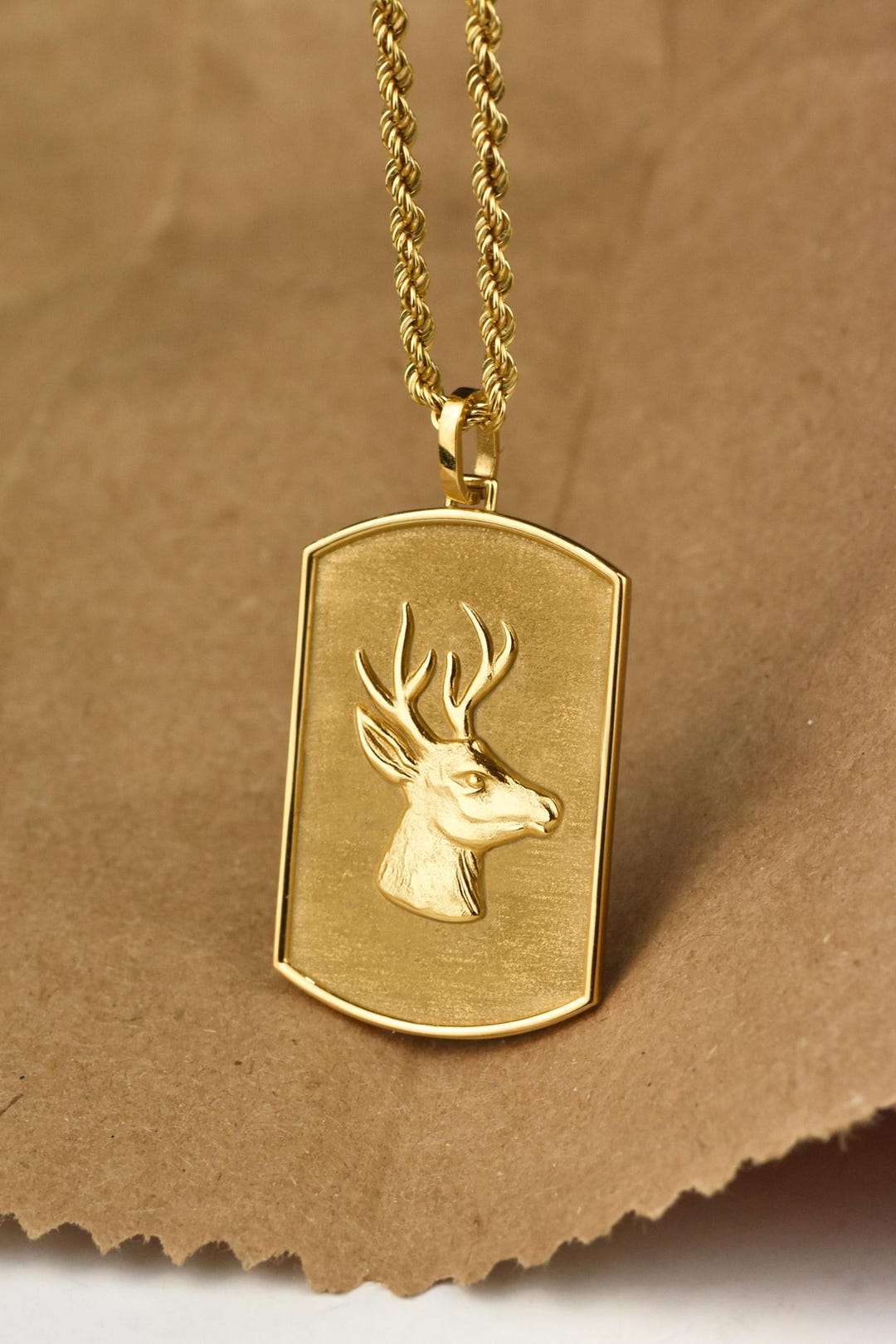 14K Gold Deer Dog Tag Necklace, Custom Grace Symbol Amulet ...