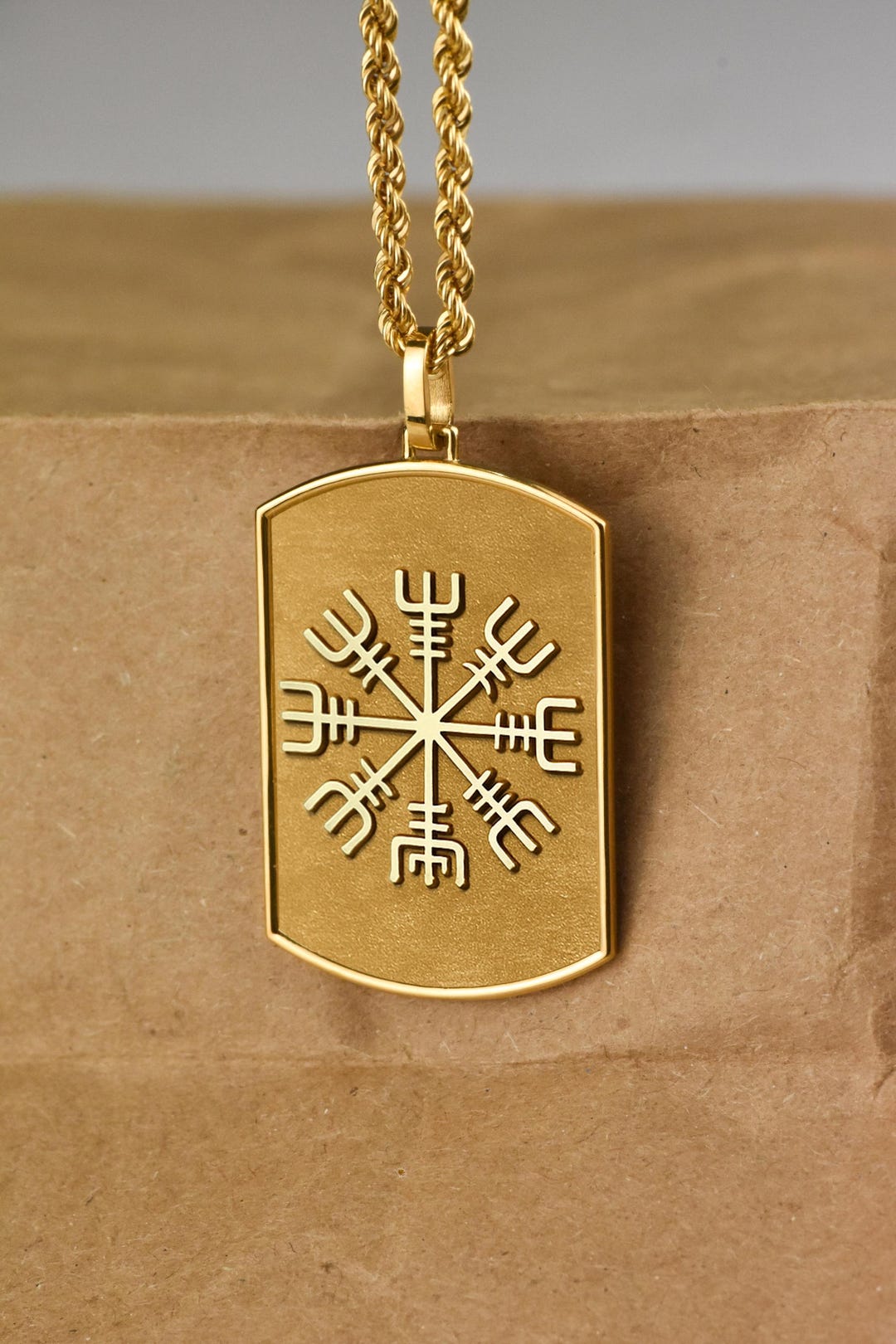 14K Gold Helm of Awe Dog Tag Necklace, Ancient Protection Charm ...