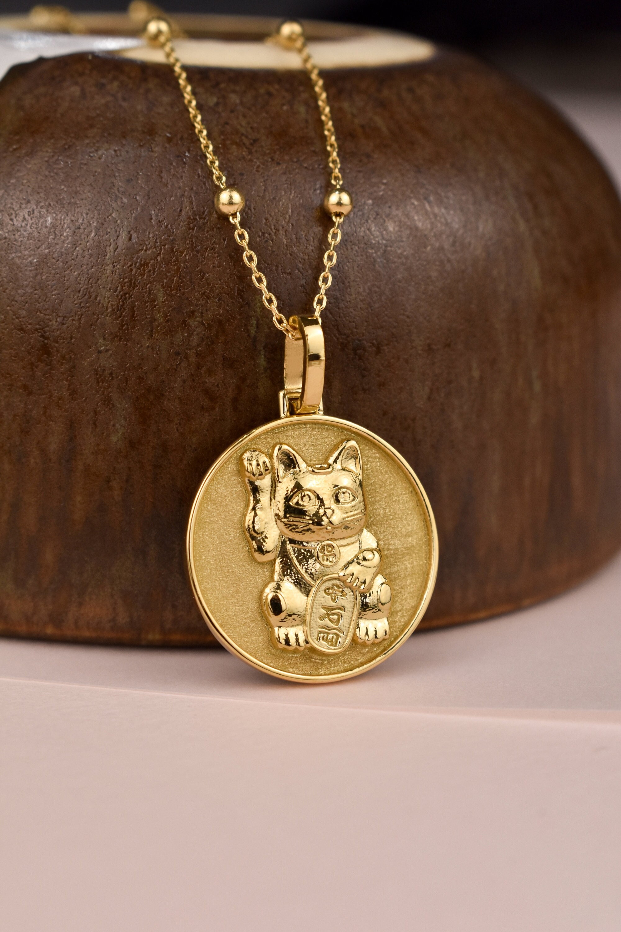 14K Real Solid Gold Maneki Neko Necklace, Waving Cat Jewelry, Lucky Cat ...