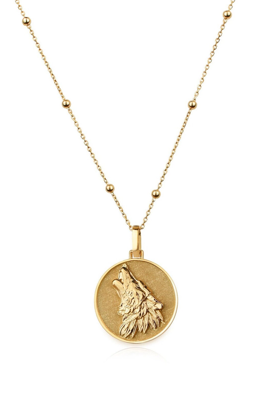 14K Gold Howling Wolf Necklace for Women, Personalized Wolf Pendant ...