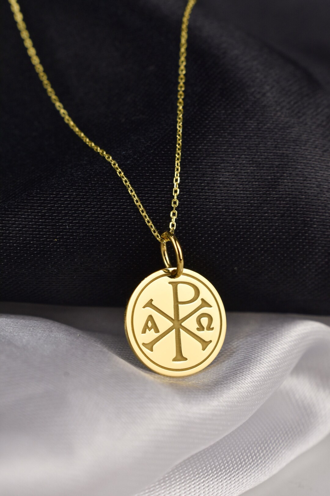 14K Solid Gold Chi Rho Symbol Necklace, Orthodox Christian Cross ...