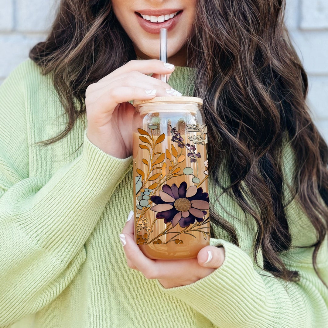 Boho Floral Libby Glass: Iced Coffee Cup With Bamboo Lid - Etsy