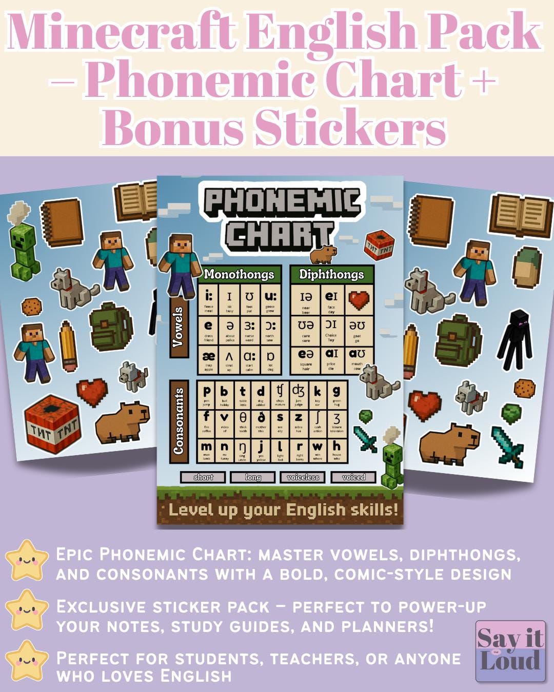 Minecraft English Pack – Phonemic Chart + Bonus Stickers - Etsy