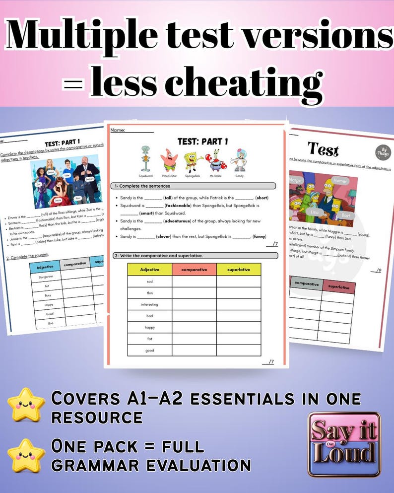 Pack de tests de grammaire ESL A1–A2 | Feuilles d'exercices imprimables ...