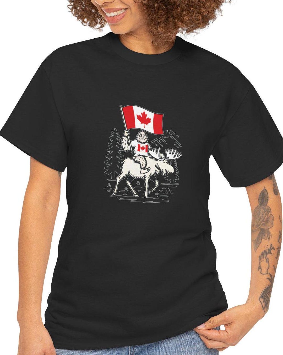 Bigfoot Riding Moose With Canadian Flag Unisex Tee, Sasquatch Shirt ...