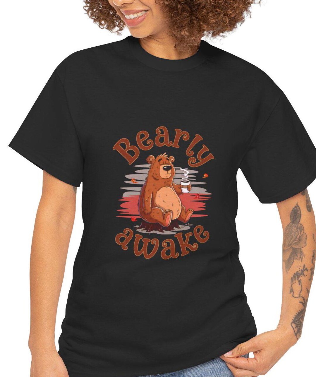 Bearly Awake Cozy Coffee Bear T-shirt, Bear Fall Coffee Tee, Morning ...