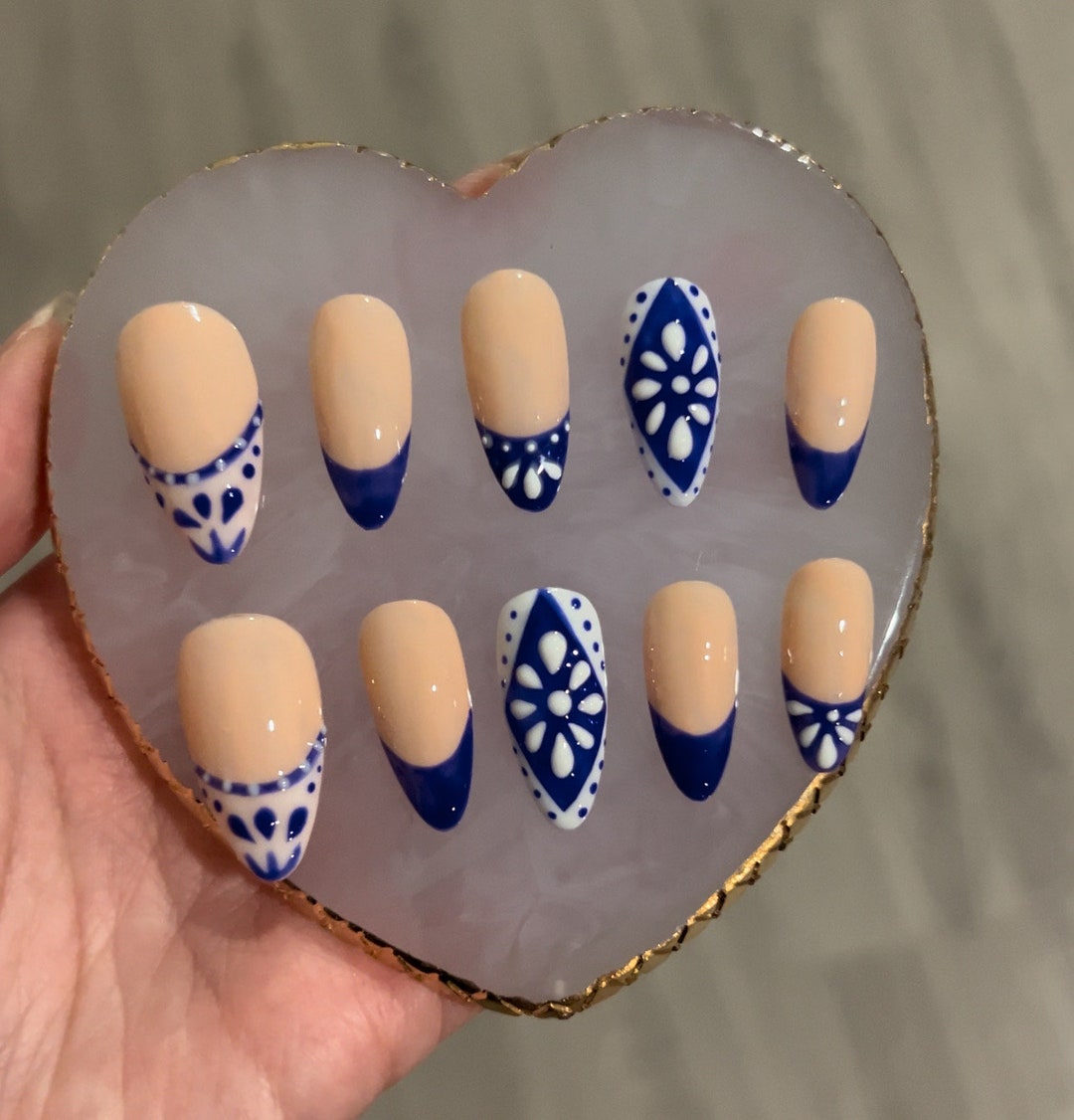 Clase Azul Blue/white French Tip Press on Nails - Etsy