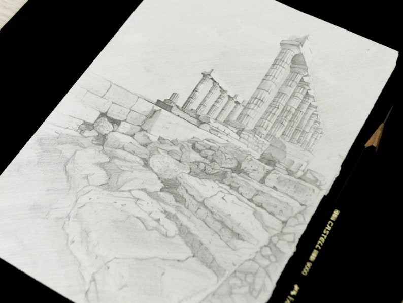 Pencil Drawing of the Temple of Poseidon Handmade Art, Historical ...