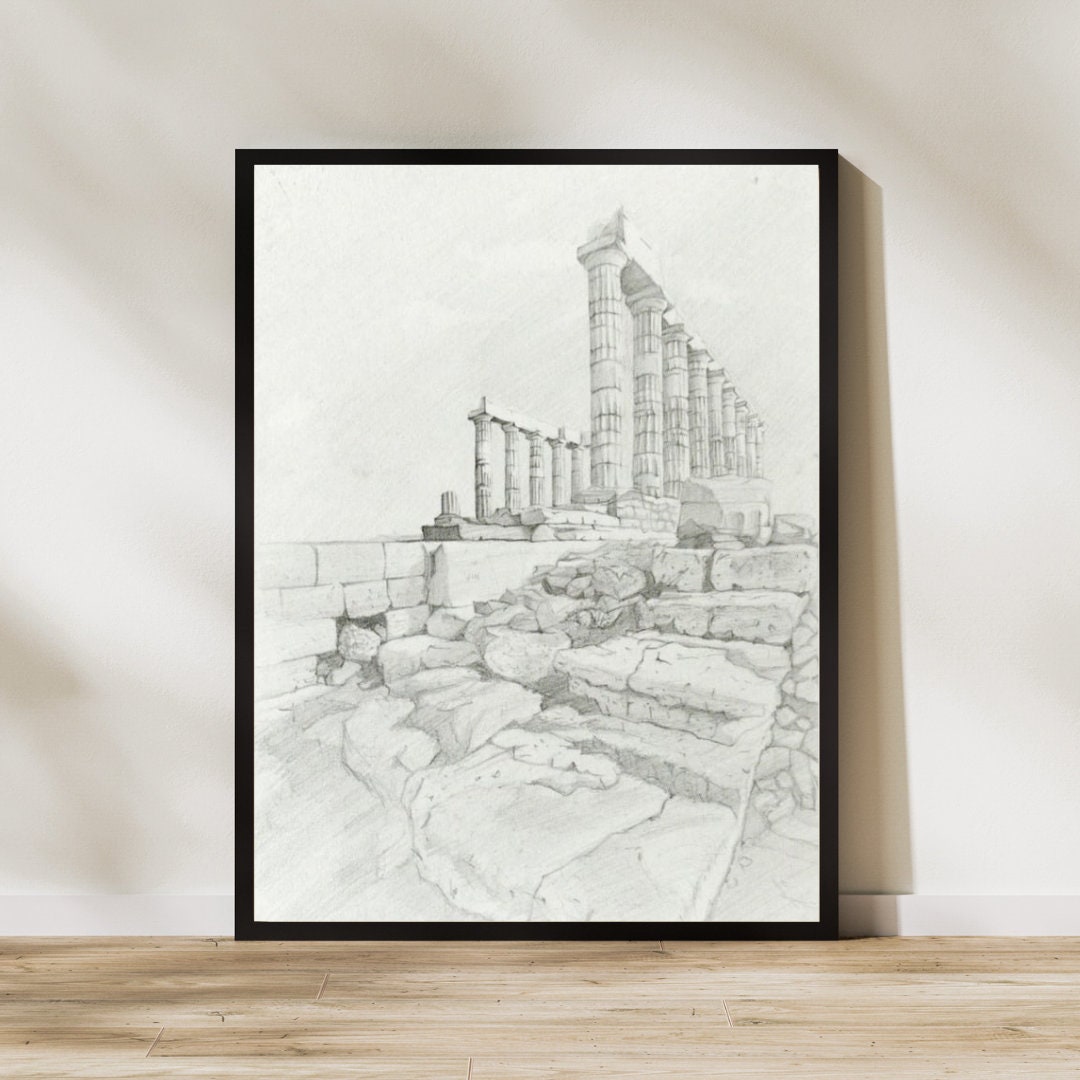 Pencil Drawing of the Temple of Poseidon Handmade Art, Historical ...
