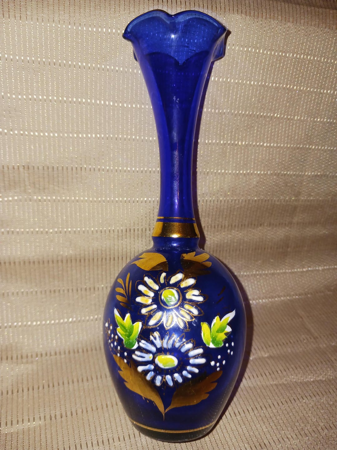 Cobalt Blue Glass Rose Vase With Moriage Type Flower Design and Gold ...
