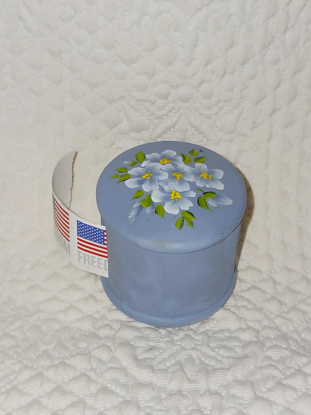 Postage Stamp Holder-hand Painted Round Wood-country Blue With Flowers ...