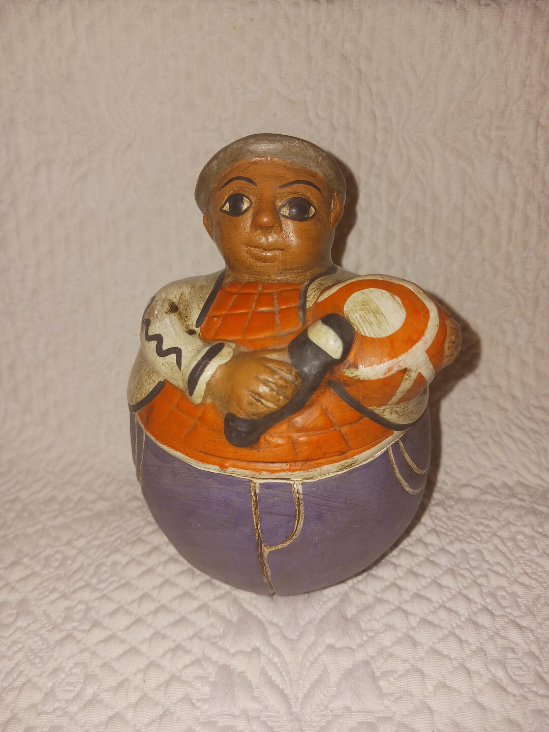 Peruvian Native Hand Painted Terracotta Pottery-rotund Man Playing Drum ...