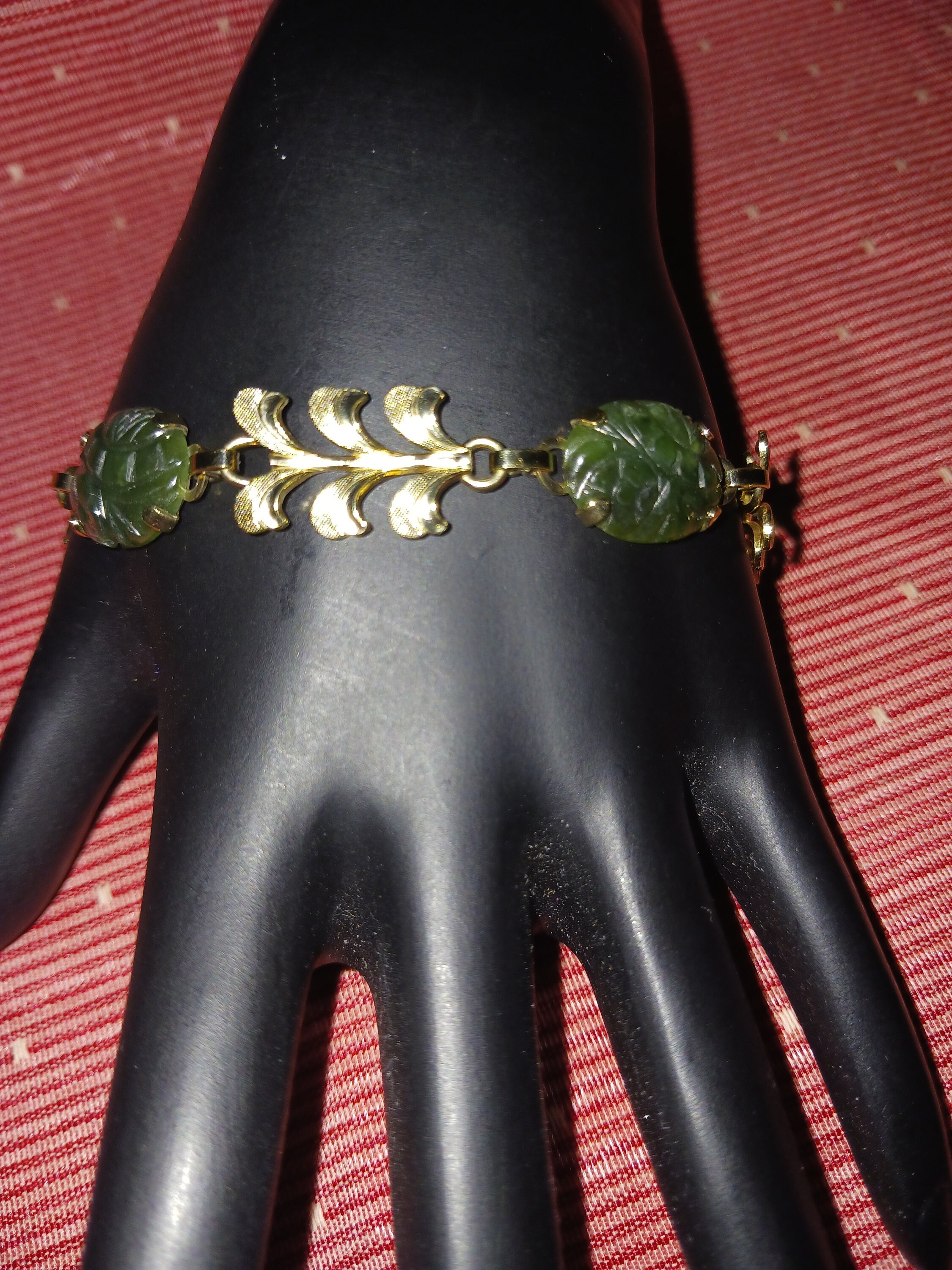 Van Dell Gold Leaf Bracelet With Green Jade Cabochons-7 - Etsy